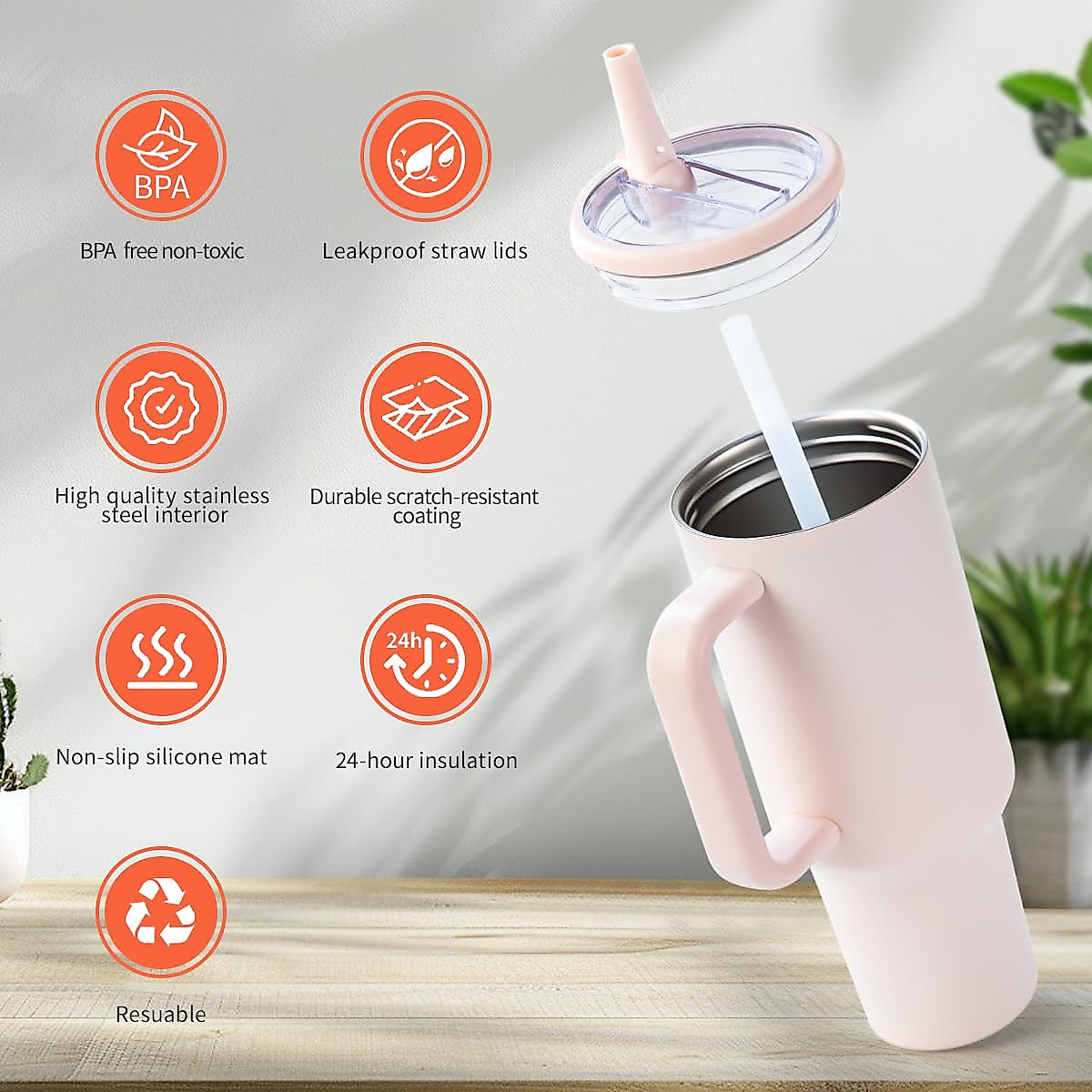 40oz Tumbler With Handle Flip Straw Lid,Leak Proof Stainless Steel Water Bottle With Rubber Base Vacuum Tumbler,Cold for 24-Hour BPA Free Insulated Cup,Reusable Travel Mug Gifts for Her/Him