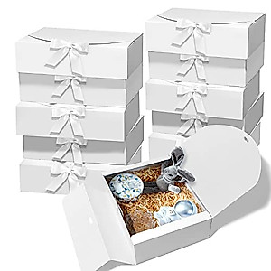 BoShahai 10 PCS Gift Boxes with Lids, 10.6x7.8x3.1 Inch Kraft Paper Gift Box, White Gift Boxes with Ribbon, Bridesmaid Proposal Box for Wedding, Packaging, Present, Birthday, Cupcake Boxes