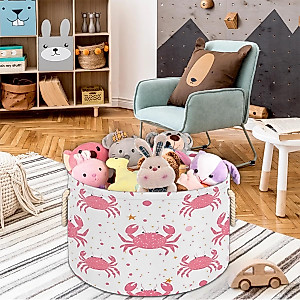 Round Storage Basket Pink Cute Crabs Pattern Collapsible Large Clothes Toy Blanket Books Storage Bin Laundry Basket Organizer for Closet Shelf Living Room Nursery Bedroom Dorm