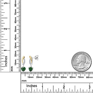 Gem Stone King 925 Silver and 10K Yellow Gold Green Nano Emerald and White Lab Grown Diamond Dangle Earrings For Women | 1.07 Cttw | Gemstone May Birthstone | Heart Shape 5MM