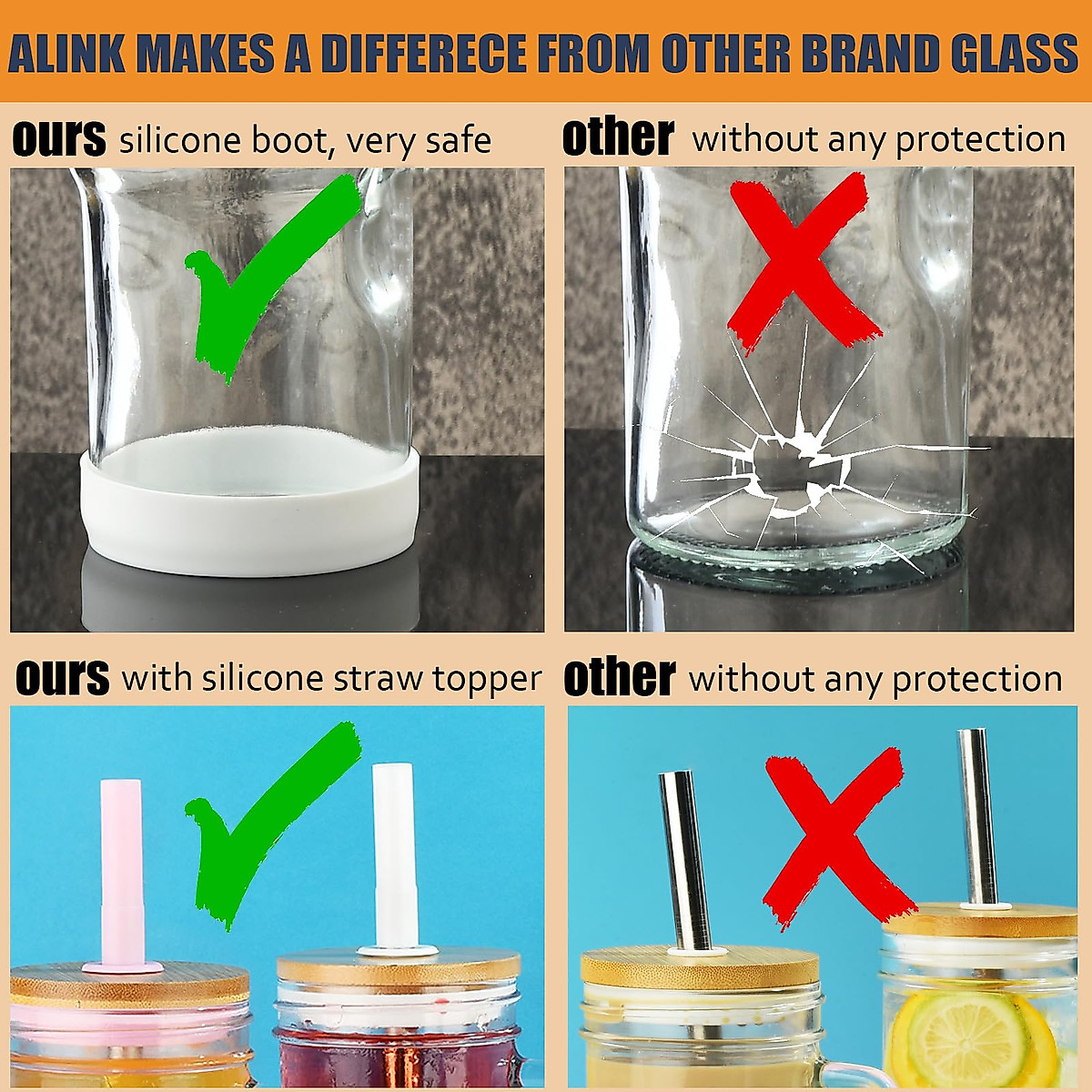 ALINK Glass Cups with Lids and Straws, 24 oz Mason Jar Drinking Glasses Tumbler with Silicone Boot, Tips, Brush, Reusable Iced Coffee Cups, Boba Tea Smoothie Cups - 2 Black