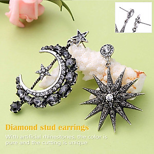 Moon and Sun Earring,Sterling Silver with Rhinestone Punk Earring Asymmetric Ear Line Long Earrings for Women Teen Jewelry Golden Boho Vintage Statement Earrings