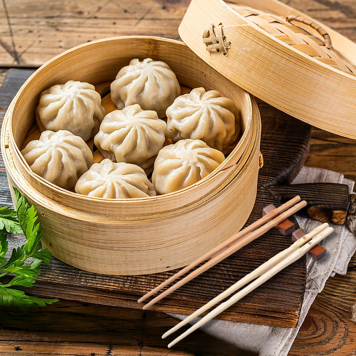 Misha's Homely Finds Bamboo steamer basket 2 tier 10 inch, 50 reusable paper liners, 2 pairs chopsticks, 1 ceramic sauce dish natural homemade food basket