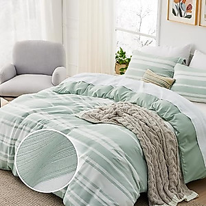 Bedsure Queen Duvet Cover Sage Green Striped - Super Soft Cationic Dyed Duvet Cover for Kids with Zipper Closure, 3 Pieces, No Comforter(90"x90")