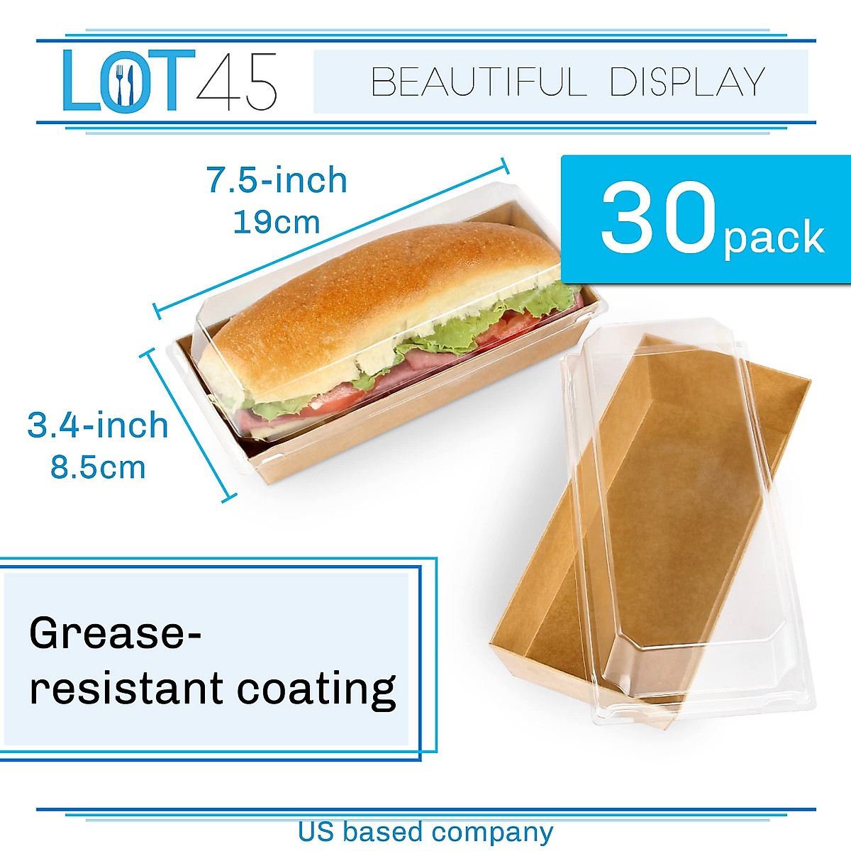 Lot45 Sandwich Paper Craft Box with Lid - 30pk 7.5in Long Sushi To Go Boxes Disposable Food Containers with Lids