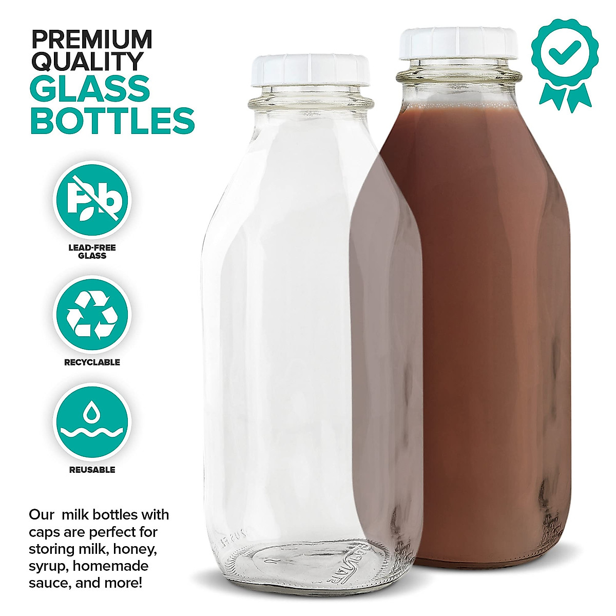 Stock Your Home Liter Glass Milk Bottle with Lid (3 Pack) 32 Oz Jugs and 6 White Caps, Reusable Food Grade Milk Container for Refrigerator, Bottles for Juice, Oat or Plant Milks, Water, Honey