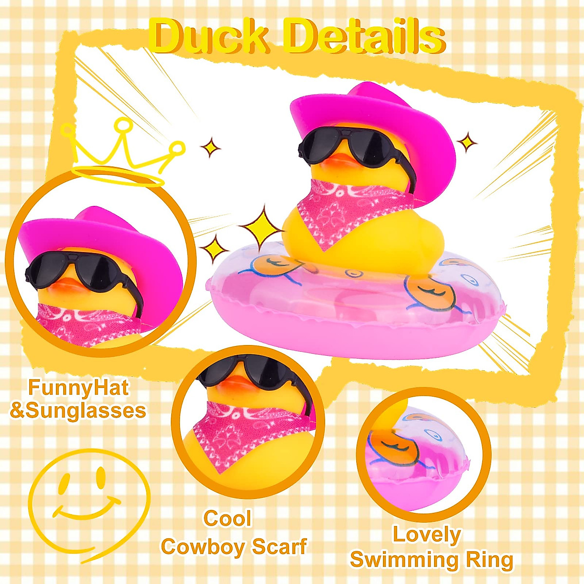 MuMyer Yellow Duck Car Ornaments Rubber Duck Car Dashboard Decorations with Mini Sunglasses Cowboy Hat Scarf Swim Ring(Pink)