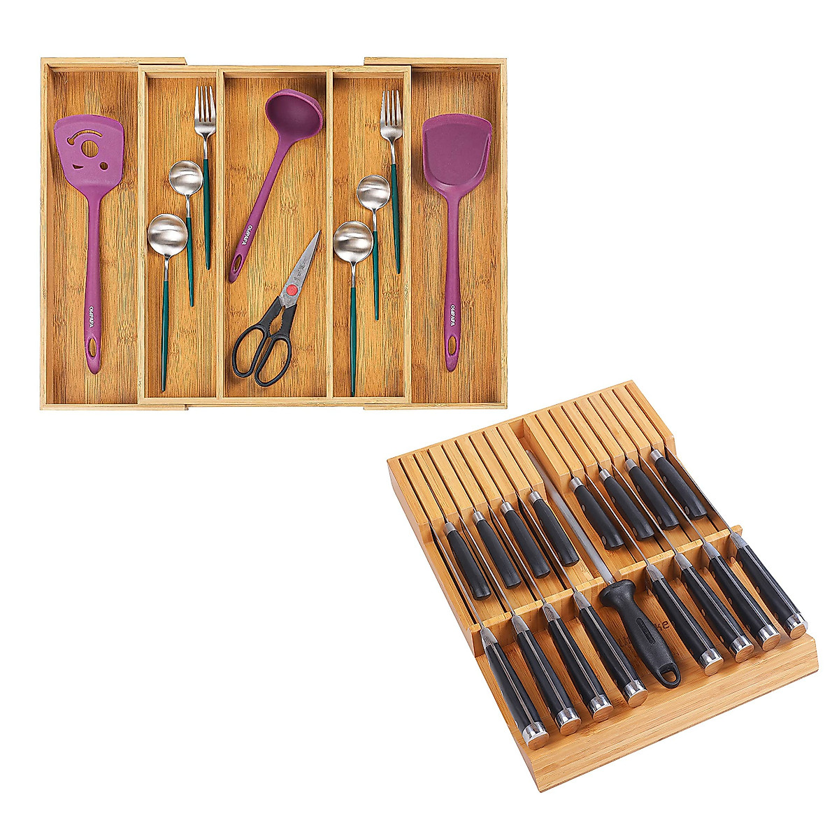 Utoplike In-drawer Knife Block Bamboo Kitchen 16 Knifes Drawer Organizer and Flatware Expandable Cutlery Organizer Tray Set