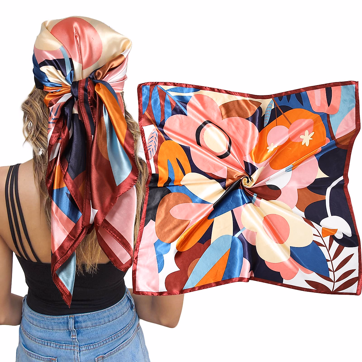 AWAYTR 35” Large Square Satin Head Scarf - Silk Hair Scarf Square Hair Bandanas Large Scarf Sleeping Head Wraps Neck Scarf for Women Hair Wrap (Flower)