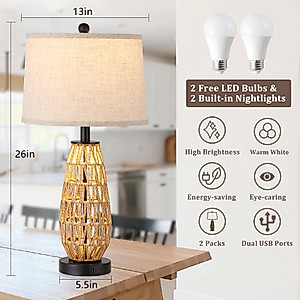 TUUANA 26in Rattan Table Lamps Set of 2 with USB Charging Ports, Farmhouse Wicker Lamps for Living Room End Table, Coastal Lamps for Bedroom Bedside Nightstand, 2 LED Bulbs & 2 Nightlights Included