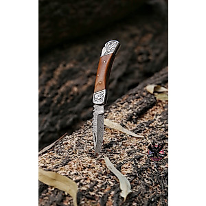 Capra Knives CK-52 Handcrafted Folding Engraved Brass Pocket Knife 4” Folded, 7.25” Long Overall, 4.5oz Olive Wood Handle, Damascus Blade with Leather Sheath