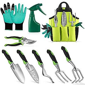 Gardening Tools,Garden Tools Set 9 Piece, Aluminum Garden Hand Tools Set Heavy Duty, Ideal Garden Tool Kit Gifts for Women, Outdoor Hand Tools with Garden Gloves,Trowel and Organizer Tote Bag