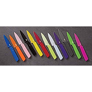 Kuhn Rikon Serrated Paring Knife with Safety Sheath, 4 inch/10.16 cm Blade, Green & Yellow