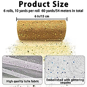 Glitter Tulle Fabric 6 Rolls 6 Inch by 60 Yards Total Sparkle Sequin Mesh Netting Fabric Ribbon Spool for Wedding Birthday Party Baby Shower Decorations DIY Tutus Petticoat Tulle Skirt Table Skirt