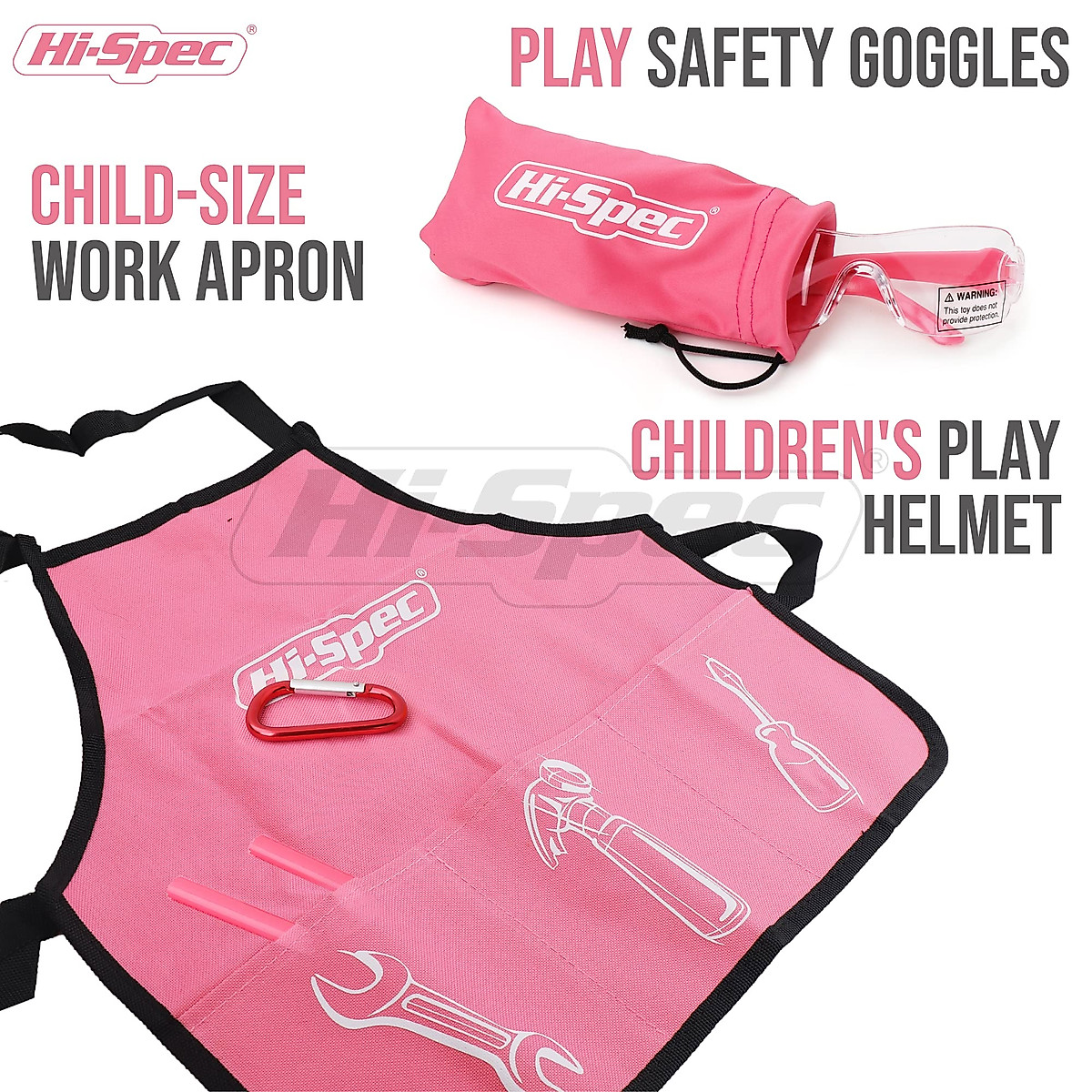 Hi-Spec 18pc Pink Kids Tool Kit Set & Child Size Tool Bag. Real Metal Hand Tools for DIY Building, Woodwork & Construction