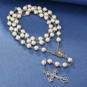 Catholic Pearl Beads Rosary Necklace Metal Beaded Miraculous Medal & Cross Rosary for Women (Silver)