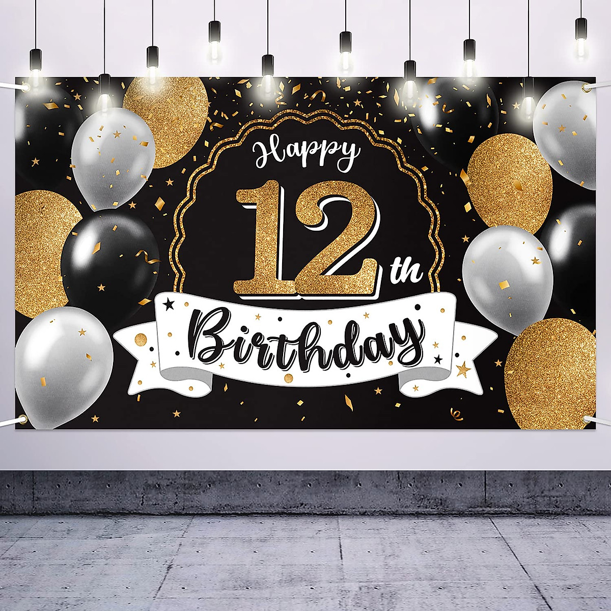 Nelbiirth Happy 12th Birthday Black & Gold Large Photo Banner - Cheers to Twelve Years Old Birthday Home Wall Photoprop Backdrop, 12th Birthday Party Decoration.