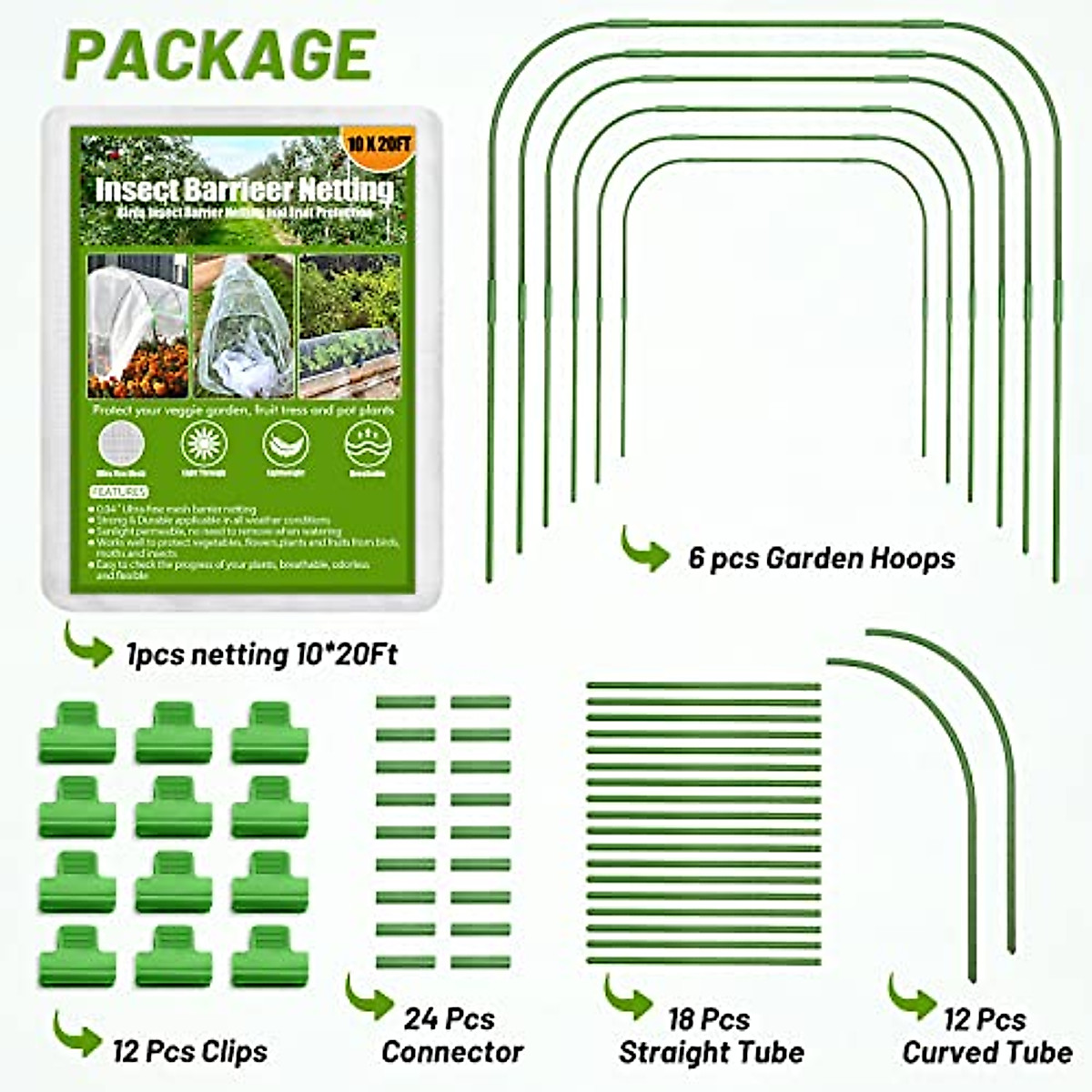 Cludoo 67pcs Garden Mesh Netting Kit,6 Sets Wide Garden Hoops with 10x20 ft Garden Covers Bird Netting& 12 Clips, Garden Protection for Raised Beds Greenhouse Vegetable Plants Flowers Animals