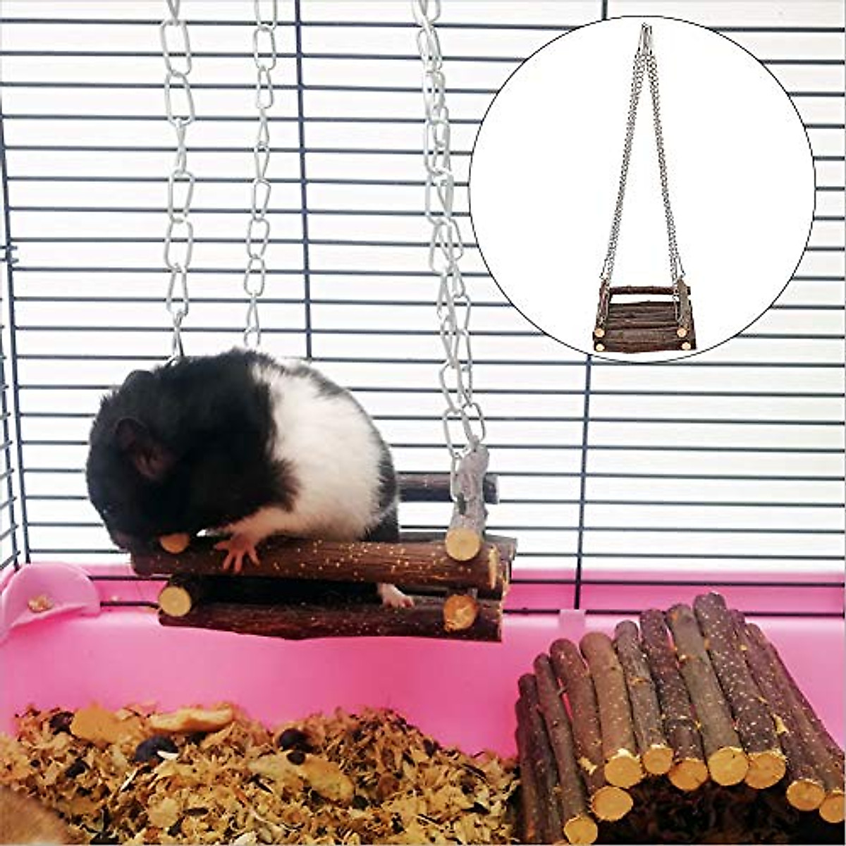 Goick Hamster Hammock-Wooden Hamster Swing Hammock Small Pet Toy Molar Supplies Pet Cage Accessories