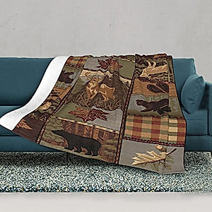Country Style Rustic Cabin Wildlife Ultra-Soft Micro Fleece Throw Blanket,Lodge Bear Moose Deer,Custom Warm Lightweight Blanket for Couch Bed Living Room Bedroom Sofa 80"x60"