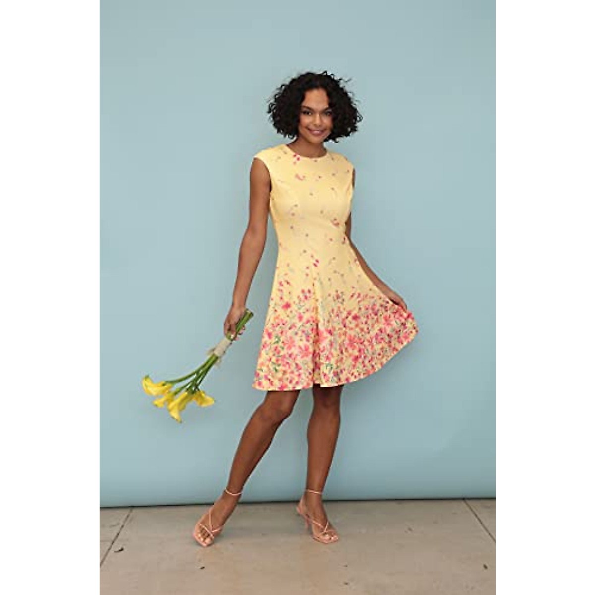 London Times Women's Floral Border Cap Sleeve Fit & Flare Dress, Yellow/Spiced Coral, 4