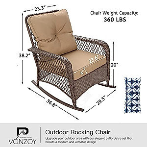 VONZOY Outdoor Rocking Chair, Wicker Patio Furniture with Thickened Cushions for Porch (Khaki)