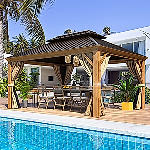 MELLCOM 12' X 14' Hardtop Gazebo, Wooden Finish Coated Aluminum Frame Gazebo with Galvanized Steel Double Roof, Brown Metal Gazebo with Curtains and Nettings for Patios, Gardens, Lawns
