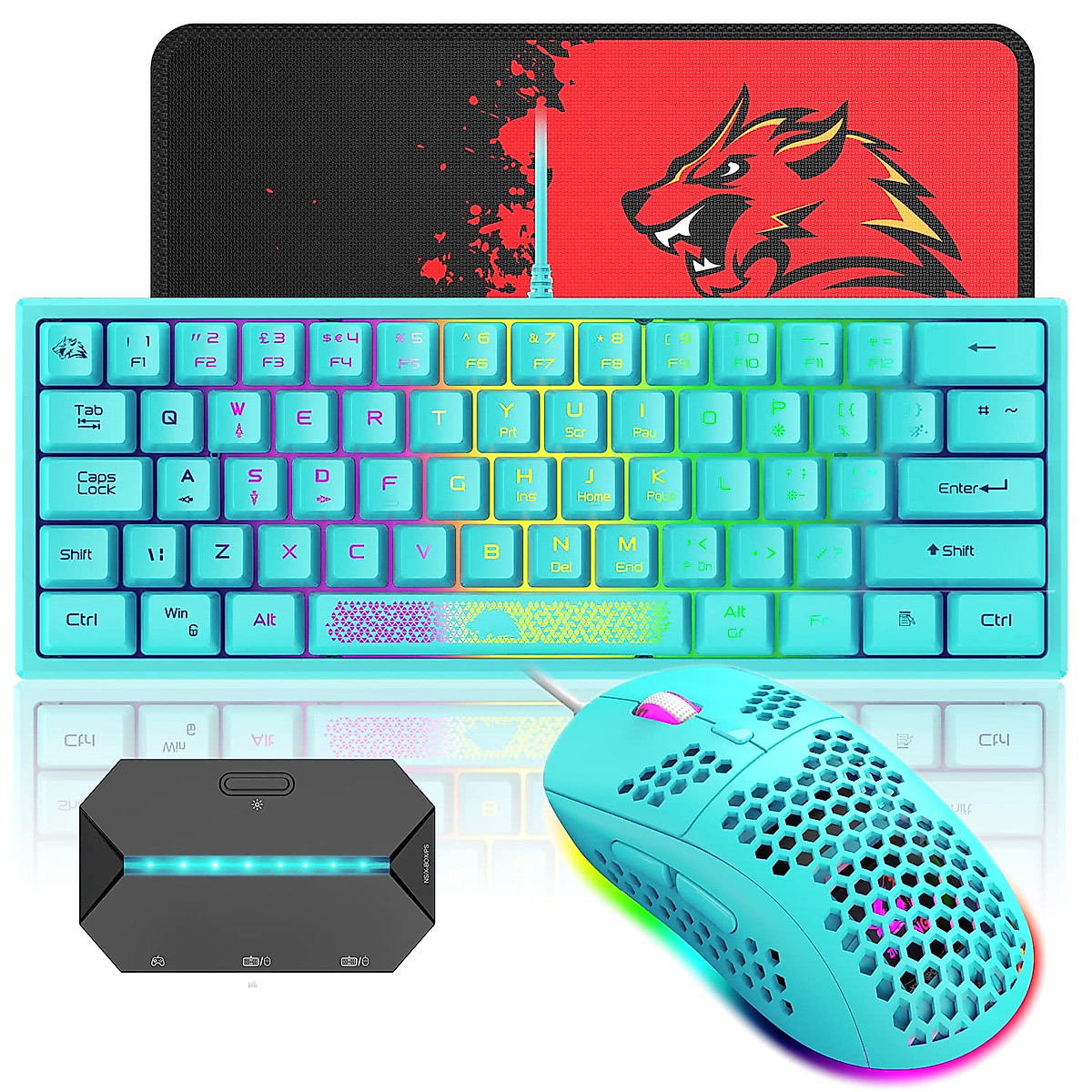 60% Wired Gaming Keyboard and Mouse Combo,Compact RGB Backlit Mini Mechanical Feel Keyboard,Converter Adapter,RGB 6400 DPI Lightweight Gaming Honeycomb Shell Mouse for Xbox,PC,Laptop,MAC