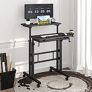 Klvied Mobile Standing Desk with Cup Holder, Portable Stand Up Desk, Adjustable Height Small Standing Desk, Rolling Desk with Wheels, Home Office Laptop Cart, Computer Desk for Standing or Sitting