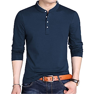 KUYIGO Men’s Casual Slim Fit Shirts Long Sleeve Polo Shirts Cotton Shirts Medium Navy