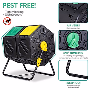F2C Dual Chamber 37 Gallon Compost Tumbler All-Season Outdoor BPA Free Large Composter Bin w/ 2 Sliding Doors and Solid Steel Frame (37 Gallon)