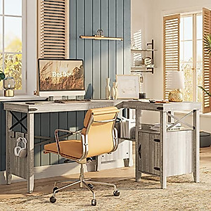 Bestier L-Shaped Home Office Computer Desk with Storage Cabinet & Bookshelf, Farmhouse Office Table for Writing Study, 60 x 42 Inch Corner Desk or 82.3 Inch 2 Person Long Desk with Shelves, White Wash