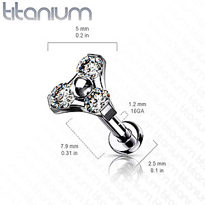 Dynamique Implant Grade Titanium Threadless Push in Labret With Prong Set CZ Trinity Triangle Top (Sold Per Piece)