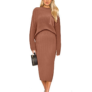 PRETTYGARDEN Womens 2024 Fall Two Piece Outfits Ribbed Knit Long Sleeve Pullover Sweater And Bodycon Midi Skirt Sets (Brown,Large)