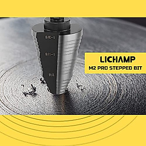 Lichamp Unibit Step Drill Bit for Metal, Genuine HSS M2 Drill Stepper Bit for Hard Metal Heavy Duty, 19 Sizes from 3/16" to 1-3/8", Dual Straight Grooved with Hex Drive, A4BK