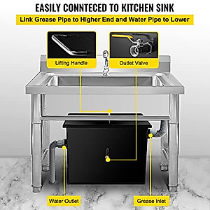 VEVOR Commercial Grease Interceptor 8 LB, Carbon Steel Grease Trap 4 GPM, Grease Interceptor Trap with Side Water Inlet, Under Sink Grease Trap for Restaurant Canteen Factory Home Kitchen