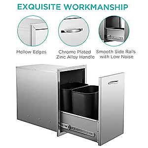 LMRSTOO Pull Out Trash Drawer Stainless Steel with 2 4.4 Gallon Trash Cans 19.7" D x 13.5" W x 19.3" H,Built-in Roll Out Outdoor/Indoor Kitchen BBQ Island Trash Bin Storage