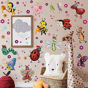 Cartoon Insect Wall Sticker DIY Removable Little Bee Flower Butterfly Ant Snake Ladybug Dragonfly Praying Mantis Peel and Stick Wall Decal Decor for Kids Baby Boys Bedroom Playroom Nursery Classroom