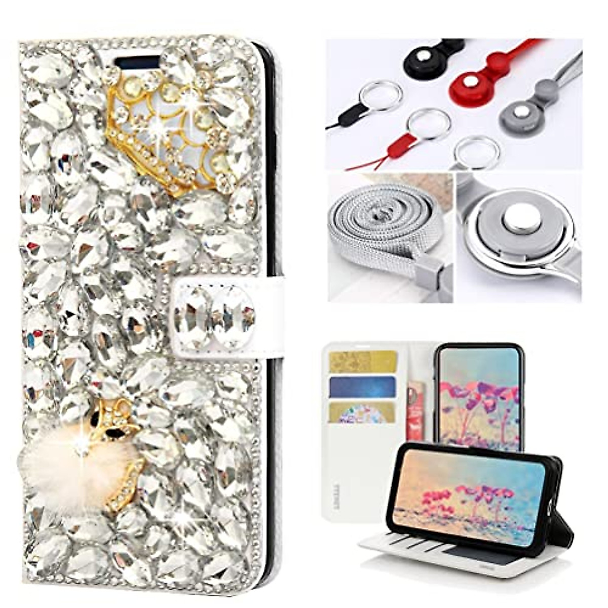 STENES Bling Wallet Phone Case Compatible with Samsung Galaxy Z Fold 2 5G - Stylish - 3D Handmade Crystal Crown Fox Magnetic Wallet Leather Girls Women Cover with Neck Strap Lanyard [3 Pack] - White