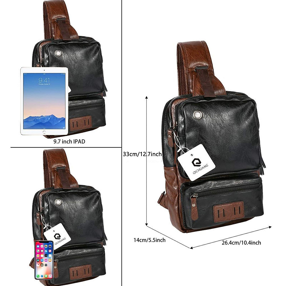 QICHUANG Men Vintage Sling Bag PU Leather Crossbody Unbalance Shoulder Bag with USB Charging Port Gift for Men