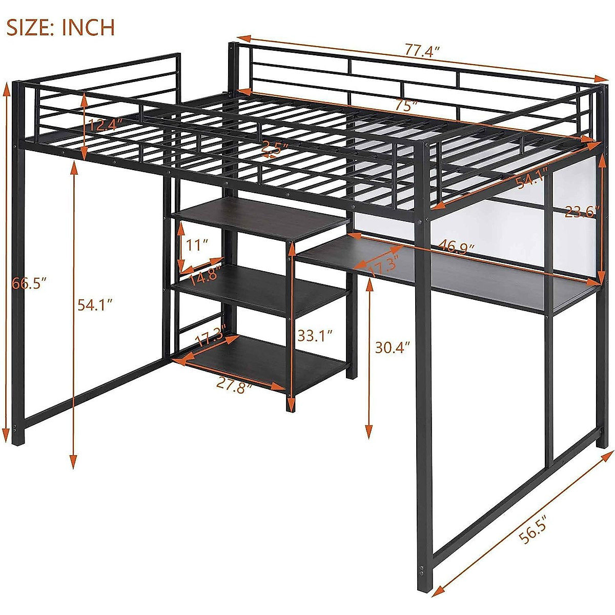 DNYN Full Size Loft Bed with Desk & Ladder for Kids Bedroom,Multifunctional Metal Bedframe w/Shelves & Whiteboard & Safety Rail Design,Space Saving & No Box Spring Needed, Black