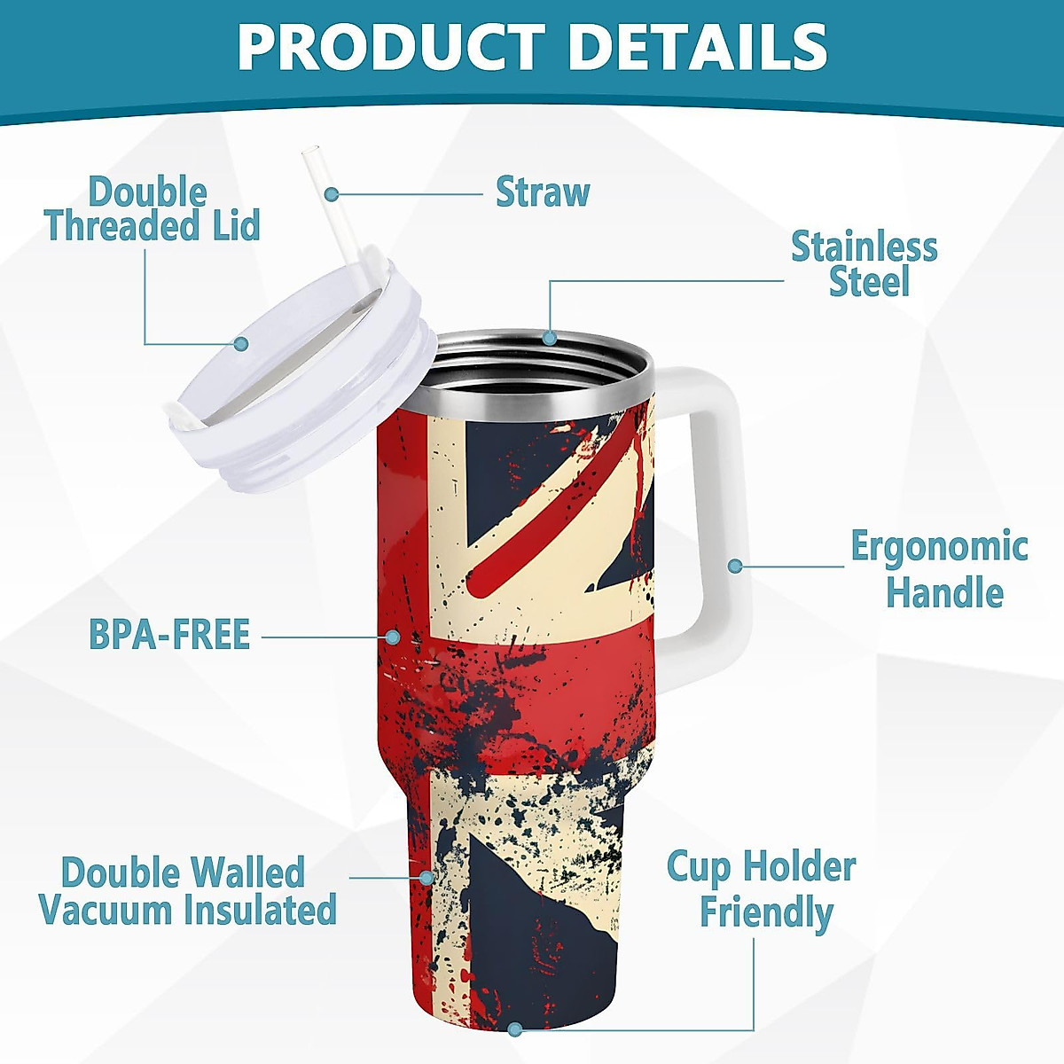 FENOCHE British Flag Retro 30 oz Tumbler Insulated Cups Stainless Steel Water Bottle with Handle Lid and Straw Tumblers for Car Cup Holder