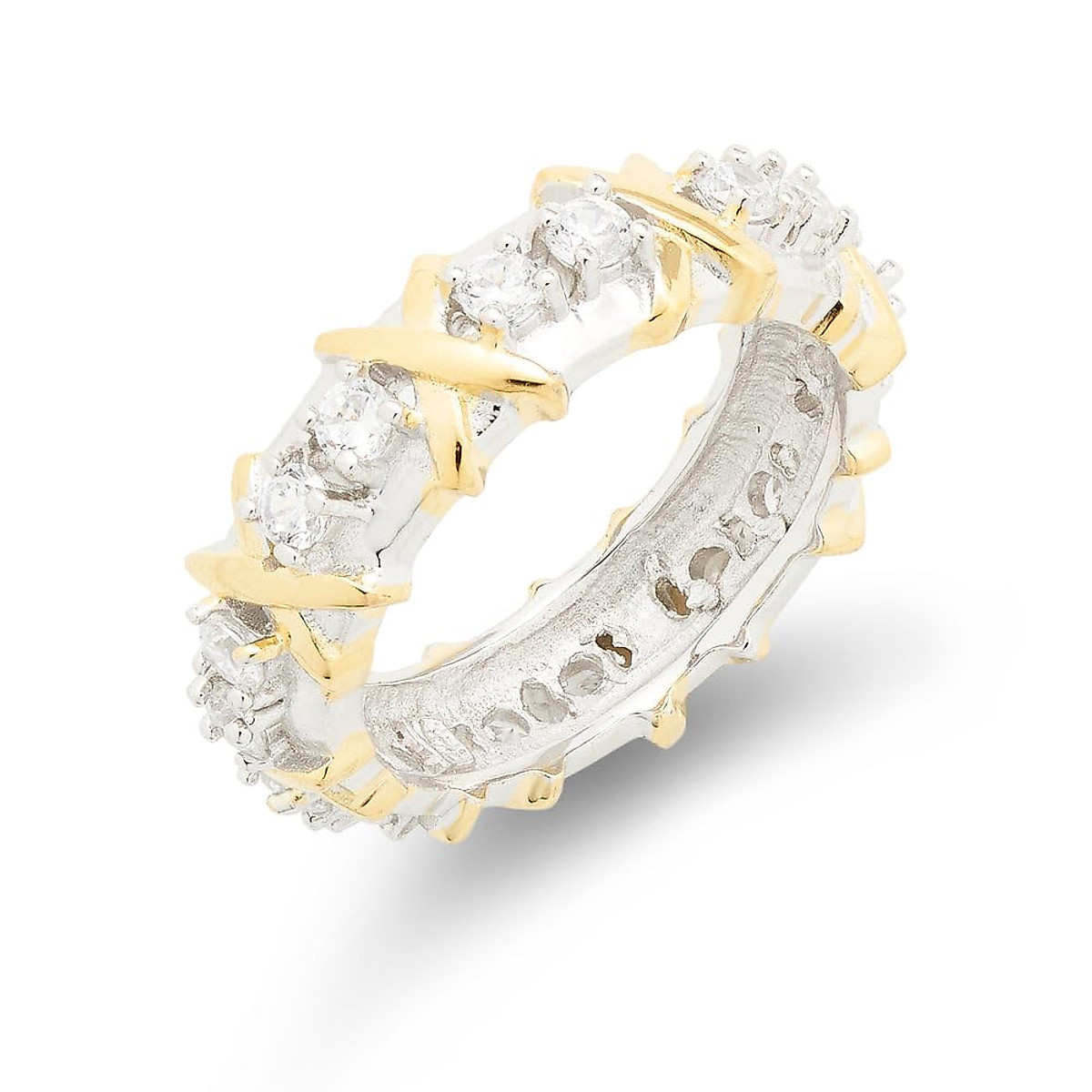 Sterling Silver & Gold Tone Designer Style CZ X Ring, ring size 9 - Women's Fashion Ring - Sterling Silver Ring for Her - Alternative Wedding Ring - Gift for Her - Birthday Gift - Gifts for Mom