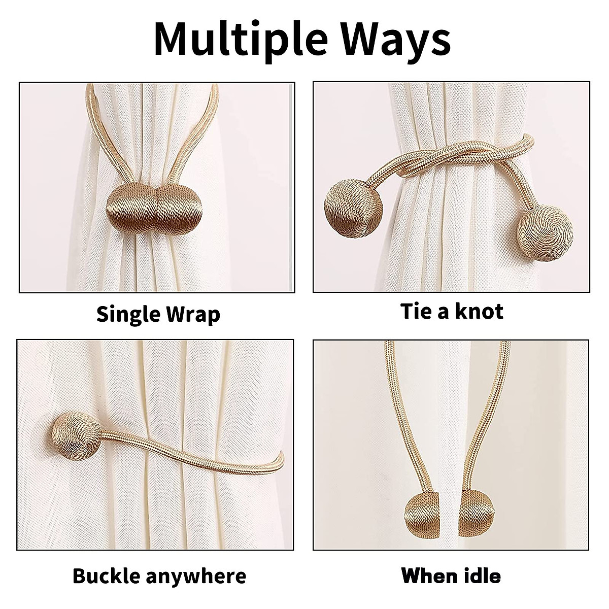 CLAURE 2 Pack Magnetic Curtain Ties, Magnetic Curtain Holder, Curtain Tie Back,Magnetic Curtain tiebacks Hand Braided Cord, Stronger Magnetic for Thin or Thick Decorative Curtains Home Bedroom Office