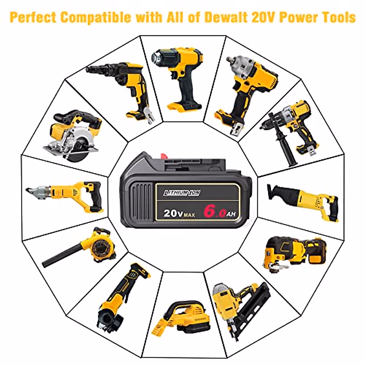 2-Pack 6.0Ah Replacement Battery for Dewalt 20V Battery DCB206 DCB204 DCB204-2 DCB203 DCB201 DCB200 DCB207 DCB208 DCB210, Compatible with 5.0Ah/10.0Ah Dewalt 20V Max Battery and Dewalt 20 Volt Tools