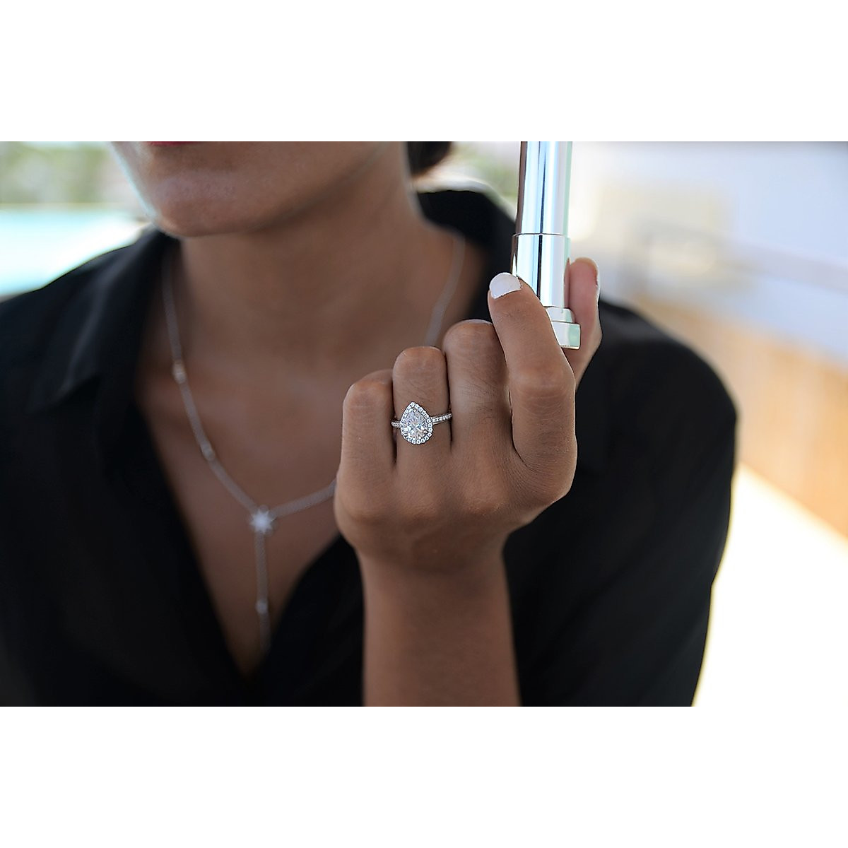 LEMON GRASS 3 Ct Pear Shaped Cubic Zirconia Engagement Ring Pave Thin Band in Sterling Silver Size 8