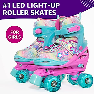 Xino Sports Roller Skates for Girls - Rainbow Light Up Kids Roller Skates Girls, Adjustable Roller Skates with Illuminating LED Wheels, Multicolor Girls Skates (Rainbow, Medium - 1-4)