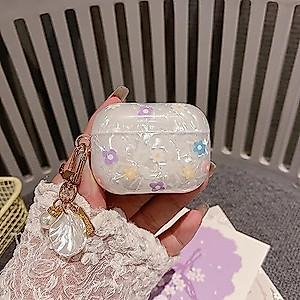 PHOEACC Cute Airpod Pro 2 Case (2022) Flower with Glitter Shell Pearl Keychain Marble Hard TPU Protective Cover Compatible with AirPods Pro 2nd Generation Case for Girls Teens Women (Floral White)