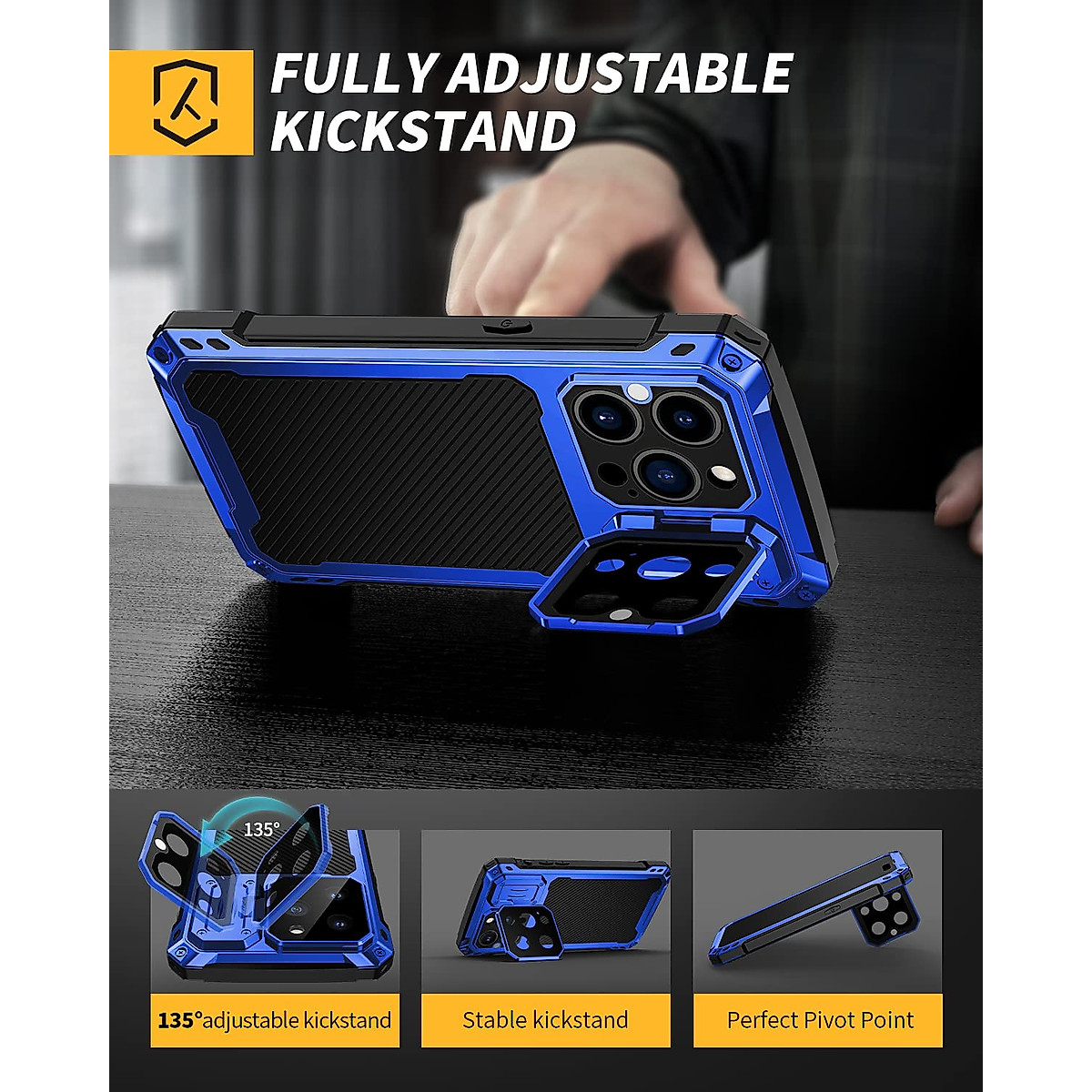 Lanhiem for iPhone 14 Pro Max Metal Case, [Built-in Camera Kickstand & Tempered Glass Screen Protector] Protective Rugged Heavy Duty Full Body Magsafe Military Cover for iPhone 14 Pro Max 6.7"(Blue)