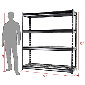 Shuntong The Atlas 72" W Heavy Duty Garage Shelving Load 8000 Lbs, 4 Tier Metal Storage Shelves, Adjustable Industrial Steel Rack for Warehouse Basement Shop, 72" W x 24" D x 72" H, Black